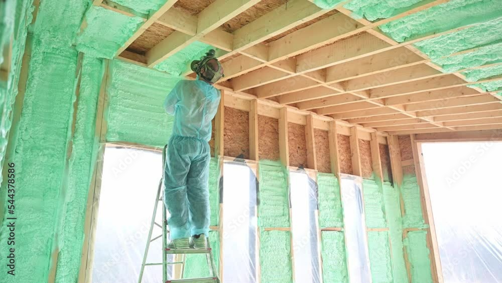 Male builder insulating wooden frame house. Man worker spraying ...