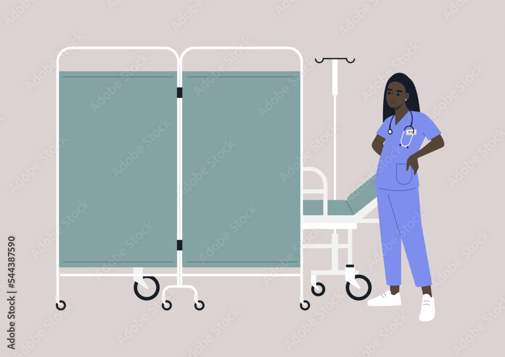 A hospital screen partition on wheels, a medical bed behind a room ...