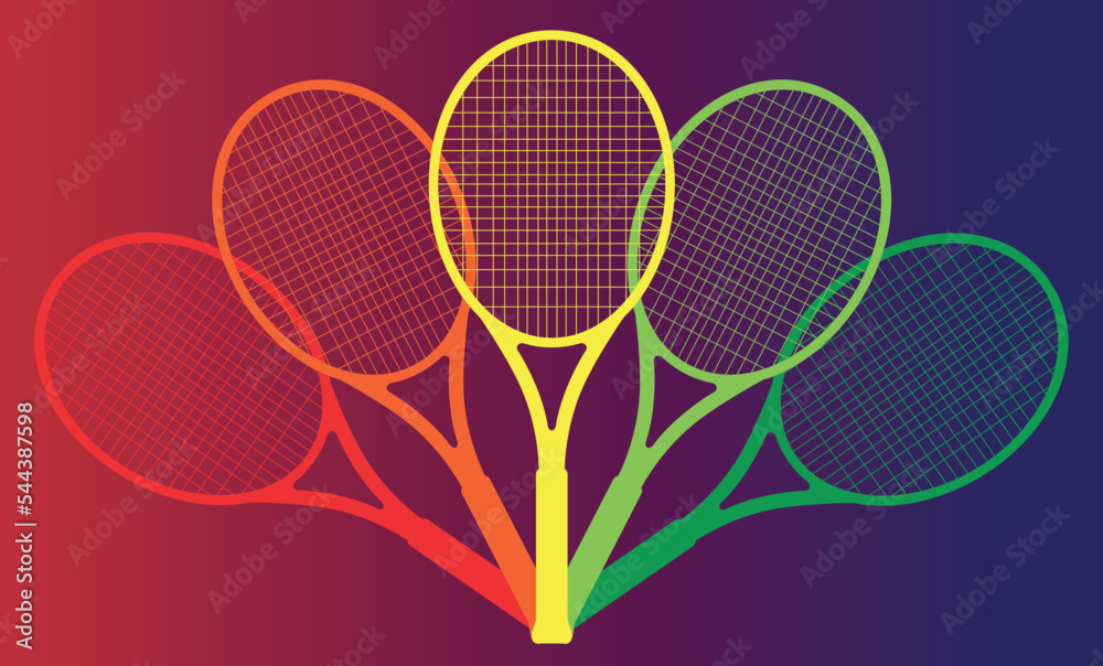 Set of tennis rackets forming a fan with gradient and different colors ...