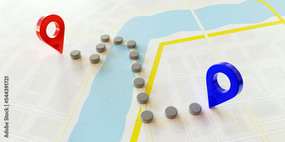 GPS navigation, starting point and destination, route. Location pins on ...