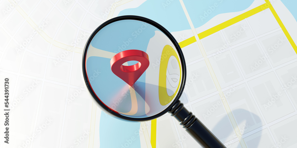 Location pin and magnify glass on map background. Find search place ...