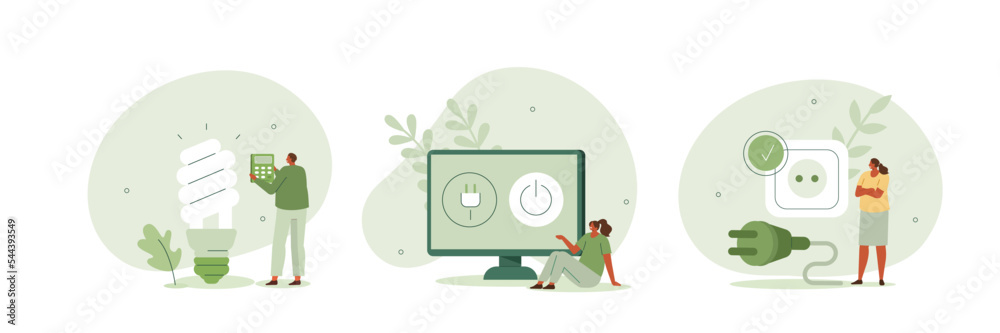Sustainability illustration set. Characters reduce energy consumption ...