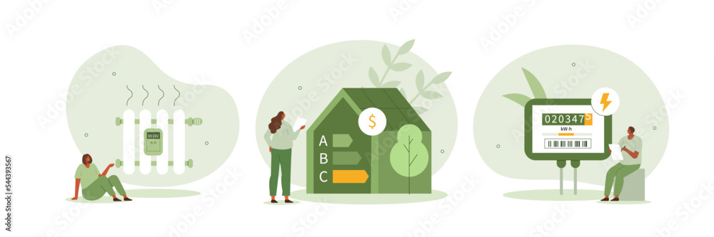 Sustainability illustration set. Characters monitoring private ...