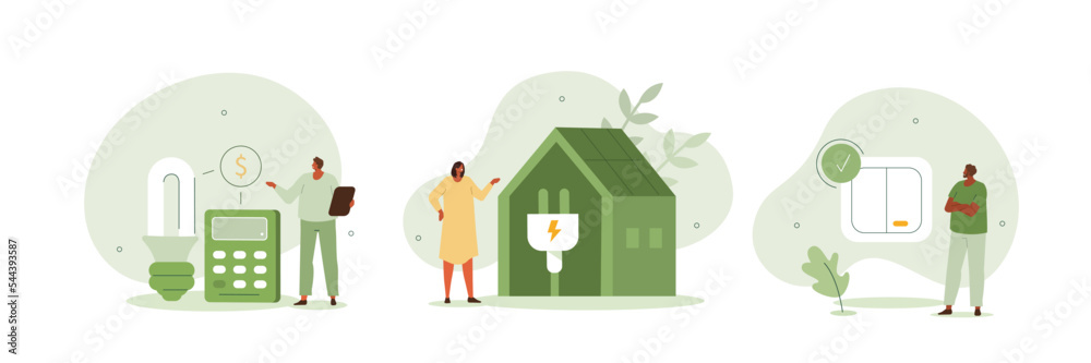 Sustainability illustration set. Energy consumption in household ...