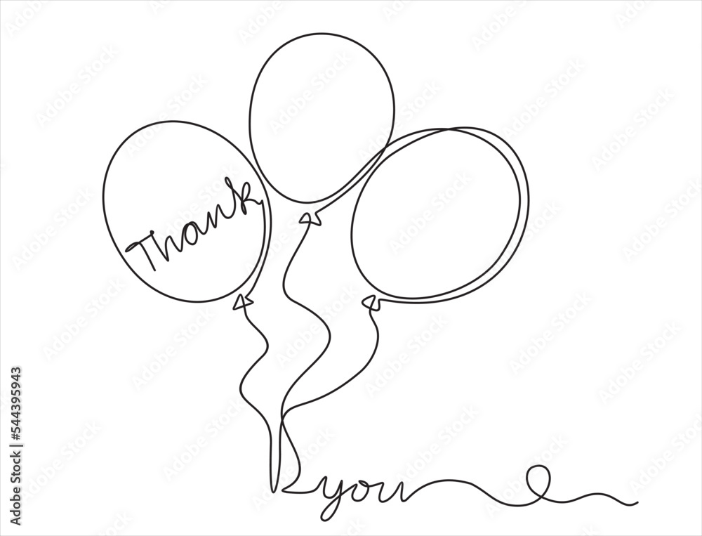 Continuous one line drawing of balloons with inscription "thank you ...