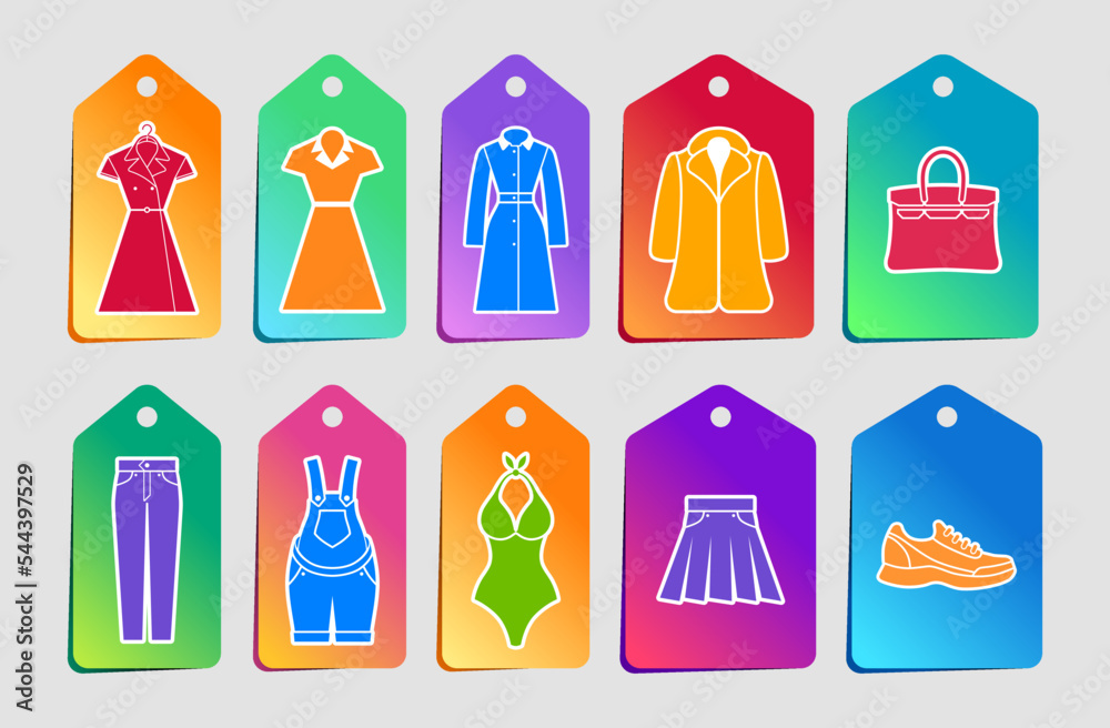Clothing Pictograms. Two rows of varicolored stickers in form of price ...
