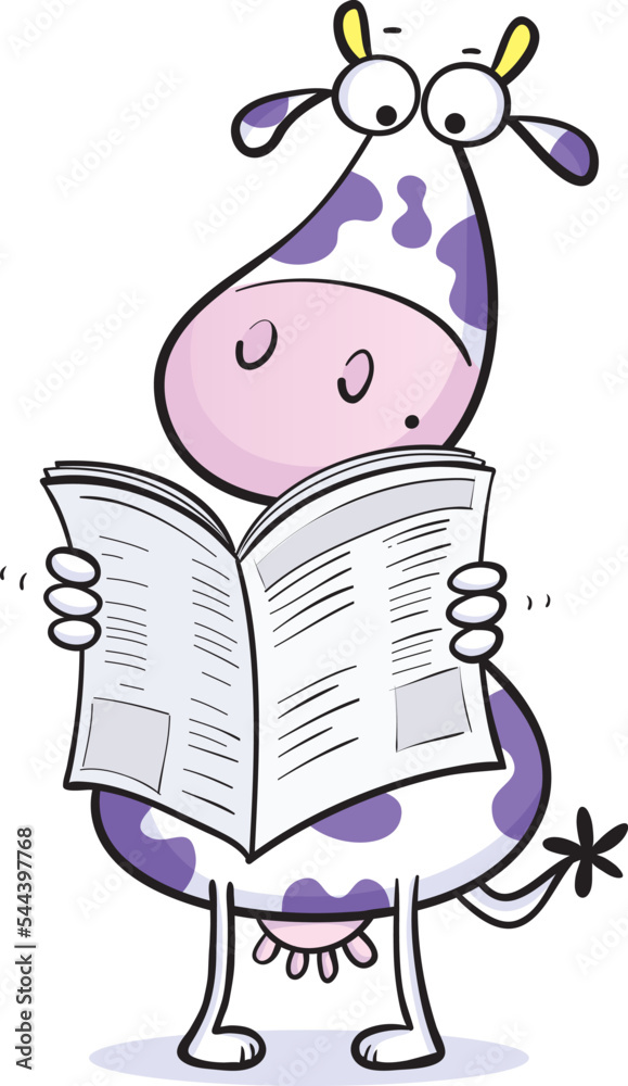 Cartoon of a fun cute cow character reading a newspaper isolated on ...