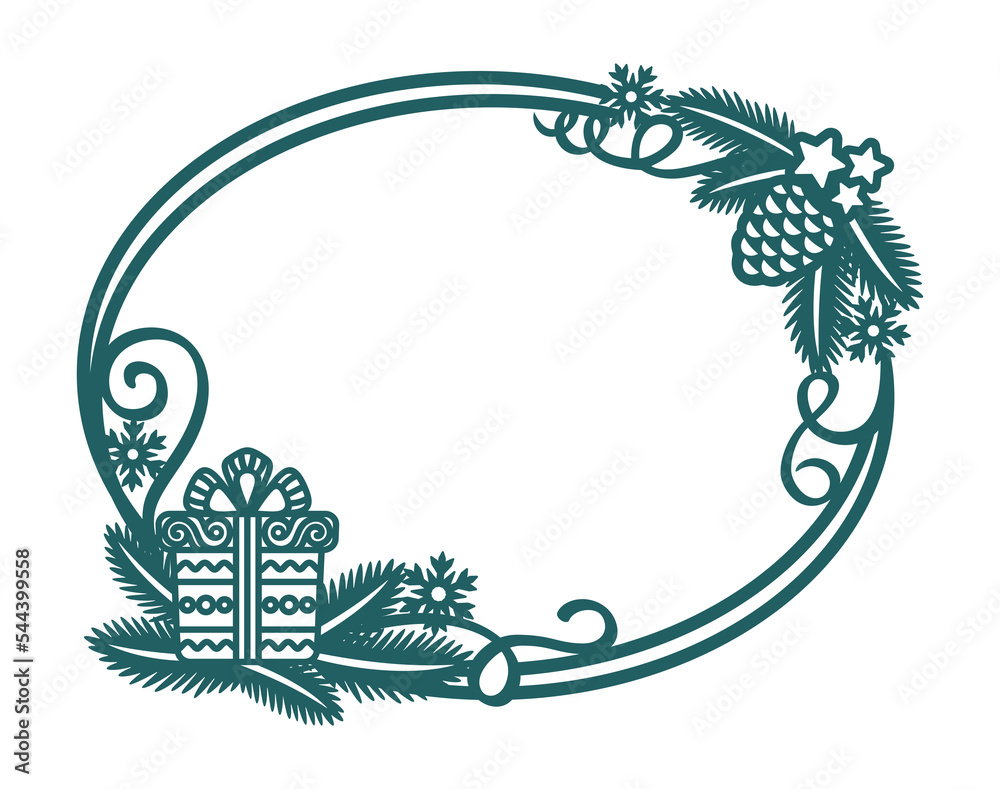 Oval green frame with Christmas fir branches, pine cone, serpentine ...