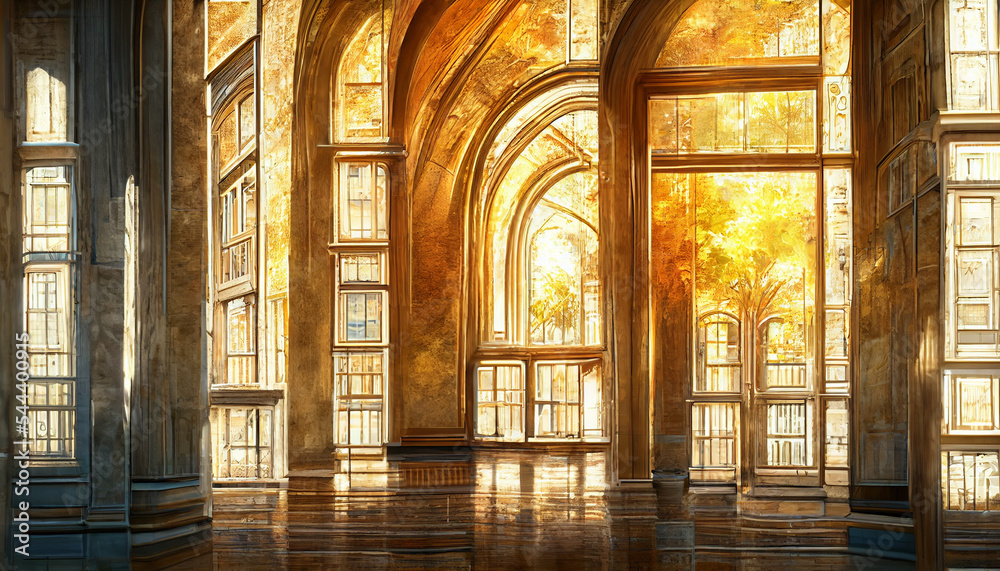 Golden beige wall with large windows and entrance. Glowing ...