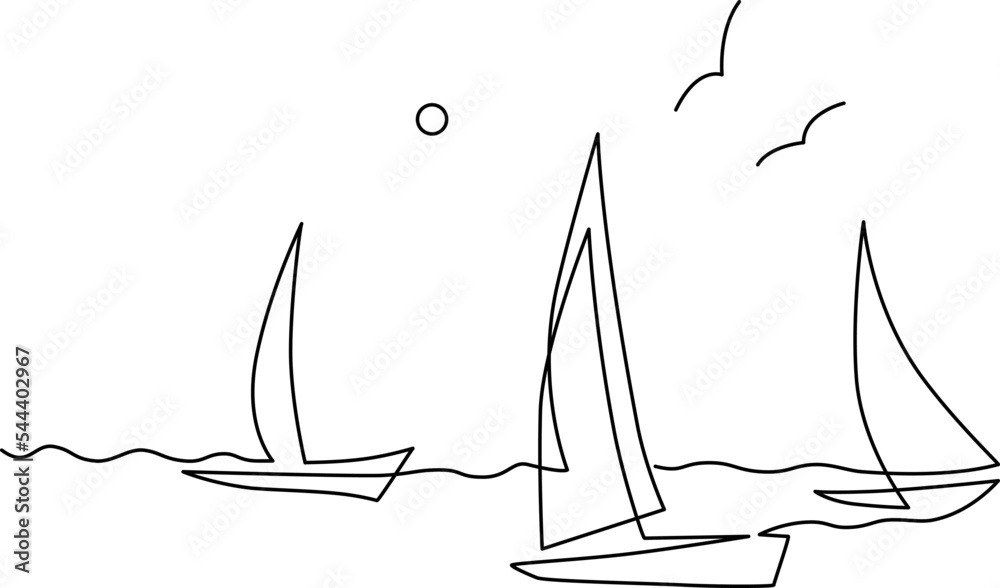 Yachts on sea waves. Seagull in the sky. Draw one continuous line ...