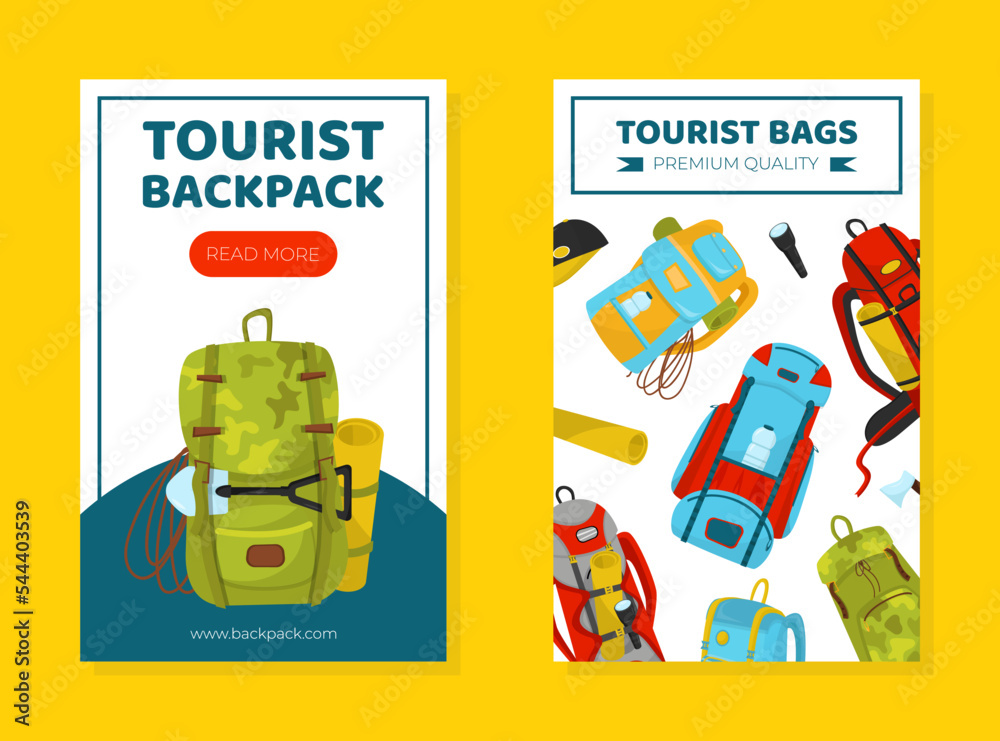 Tourist backpack mobile app templates set. Bags for traveling special ...