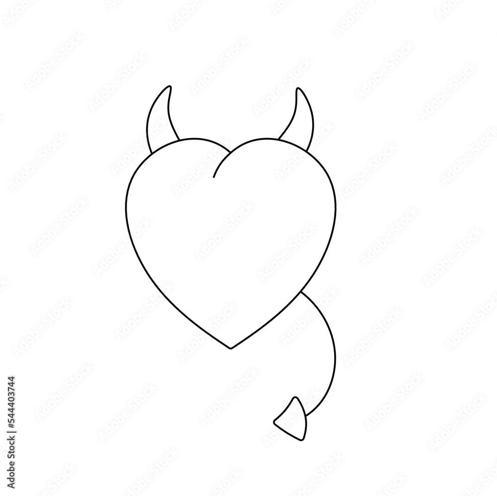 Vector isolated heart symbol with devil horns and tail colorless black ...