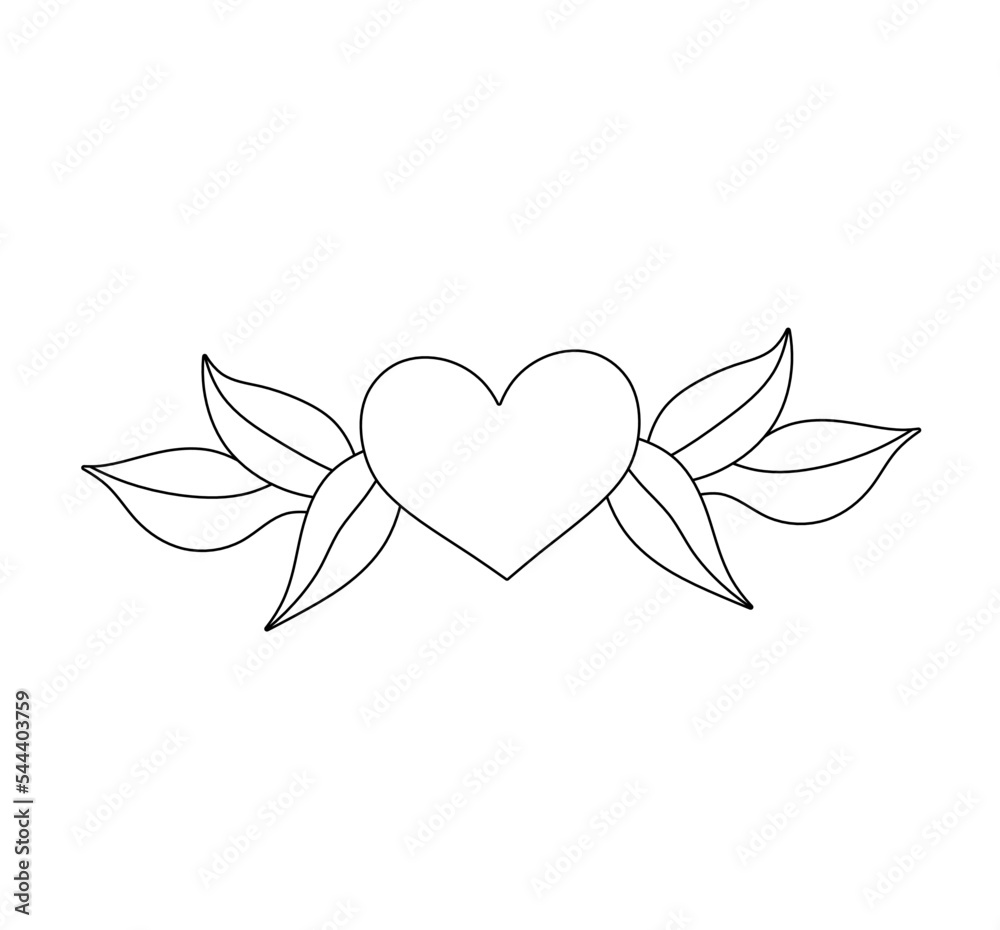Vector isolated heart symbol with tree leaves by the sides colorless ...