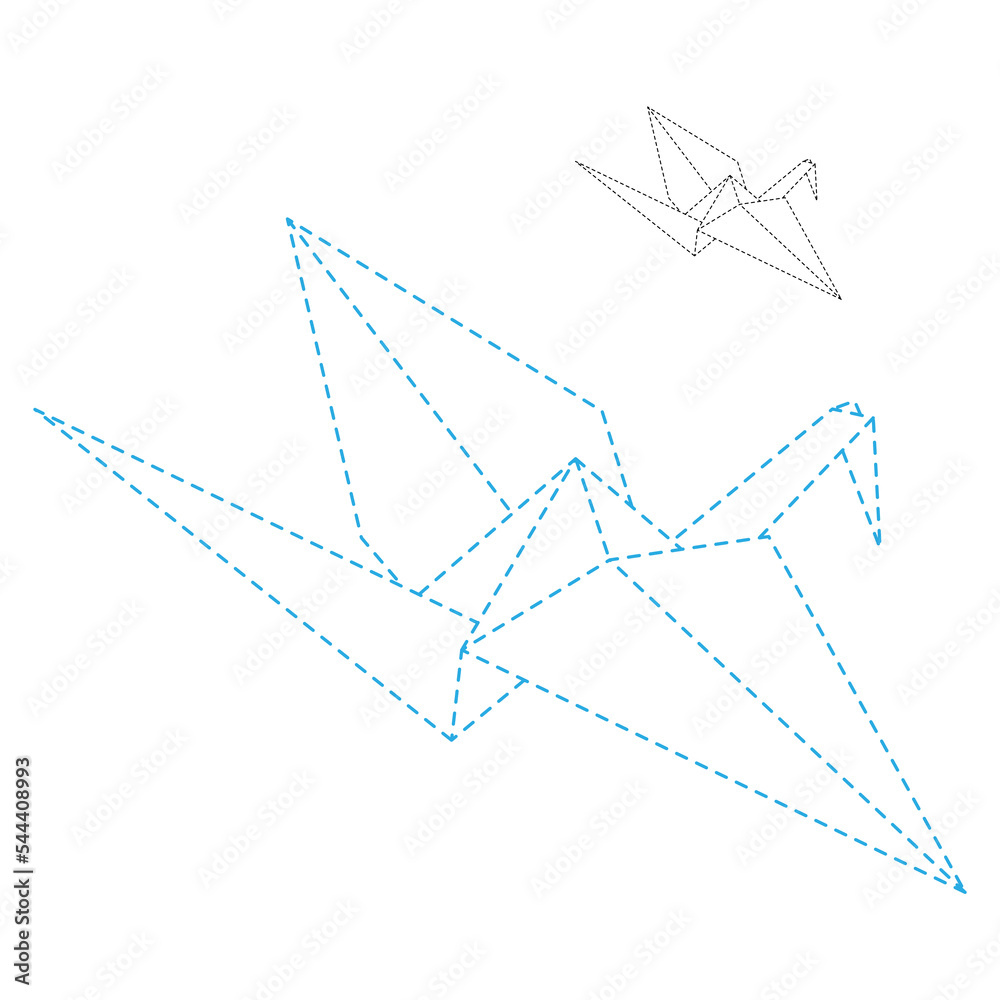 Set of origami crane vector outline dashed illustration isolated on ...