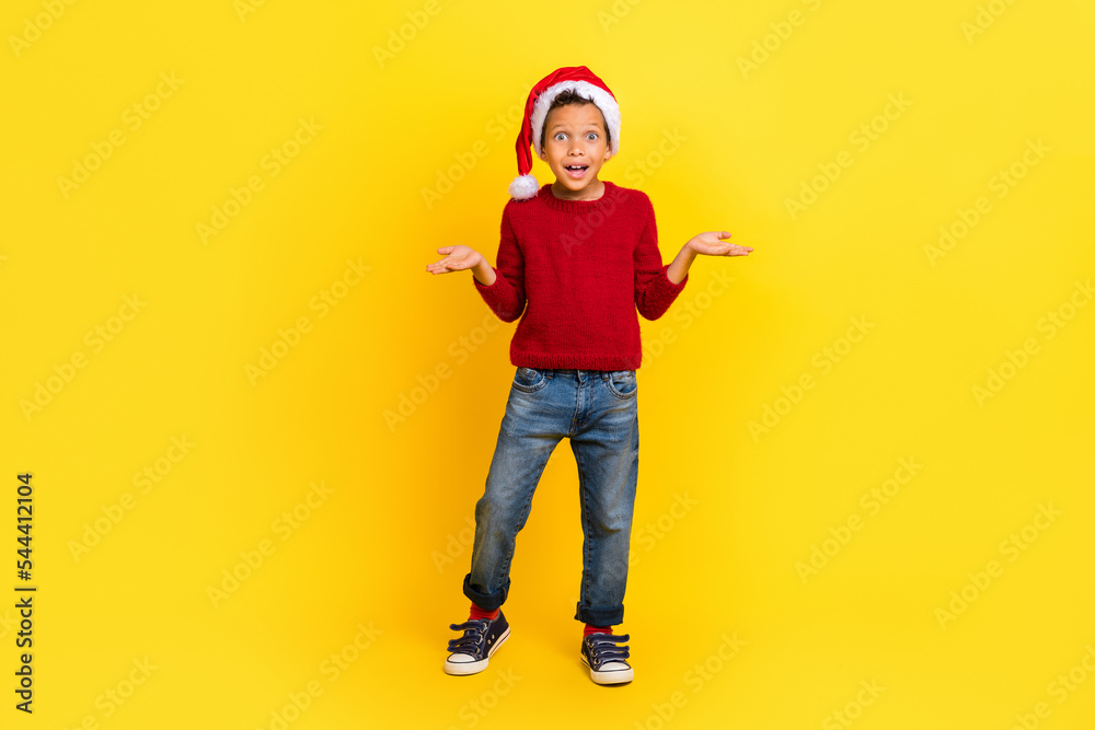 Full body photo of adorable little boy confused dont know clueless ...