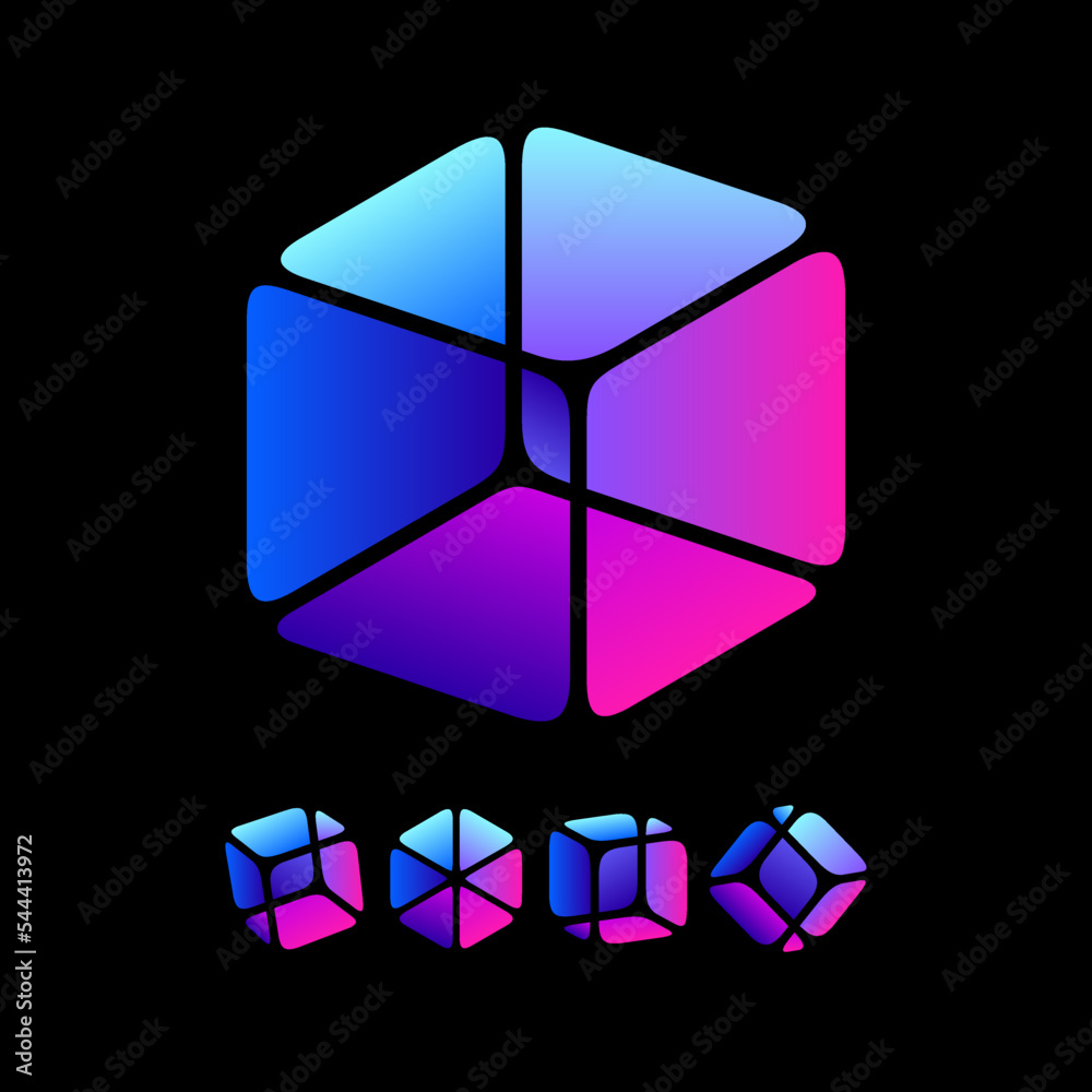 Cube 3D symbol. Rounded faces of cube with color gradient, negative ...