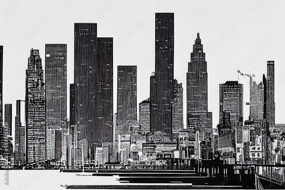 Black and white drawing of an urban landscape both modern and vintage ...