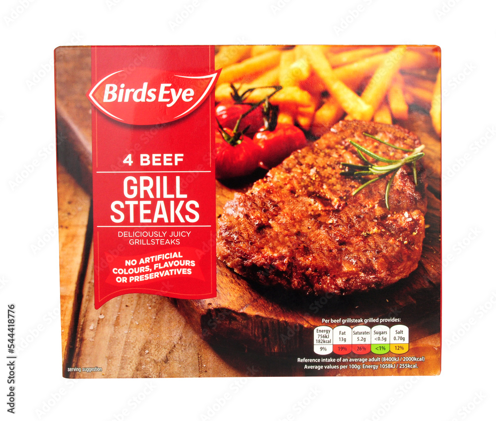 Birds Eye frozen beef grill steaks made from formed seasoned meat in a ...