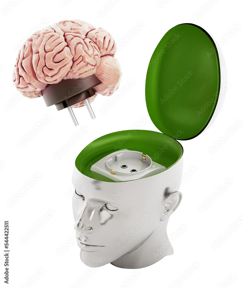 Brain with electricity plug connected to the human head on transparent ...