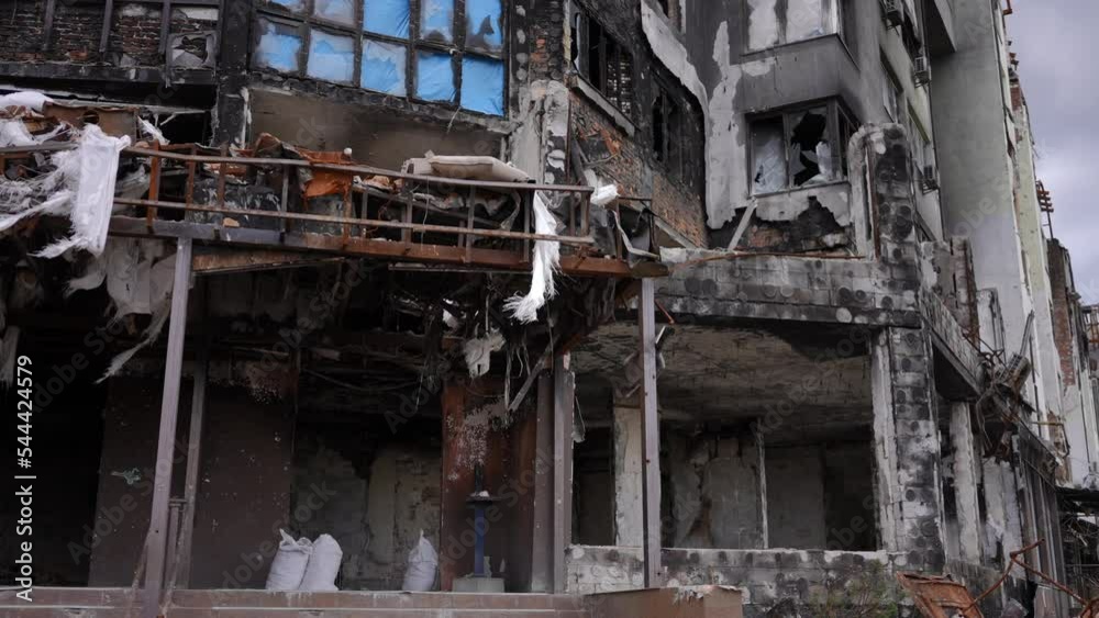 Live camera approaches in slow motion to ruined demolished residential ...