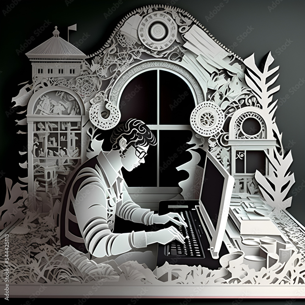 Papercraft Author typing on computer at a desk in front of a window ...