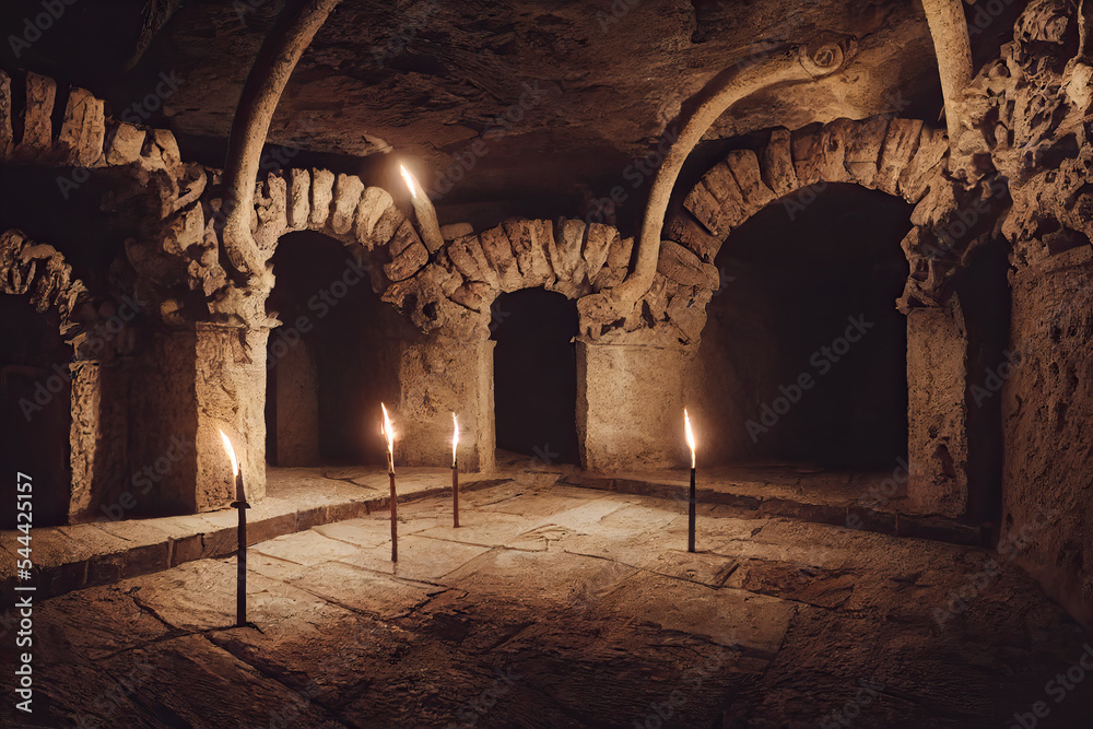 Environment with medieval catacombs with covered floors, with torches ...