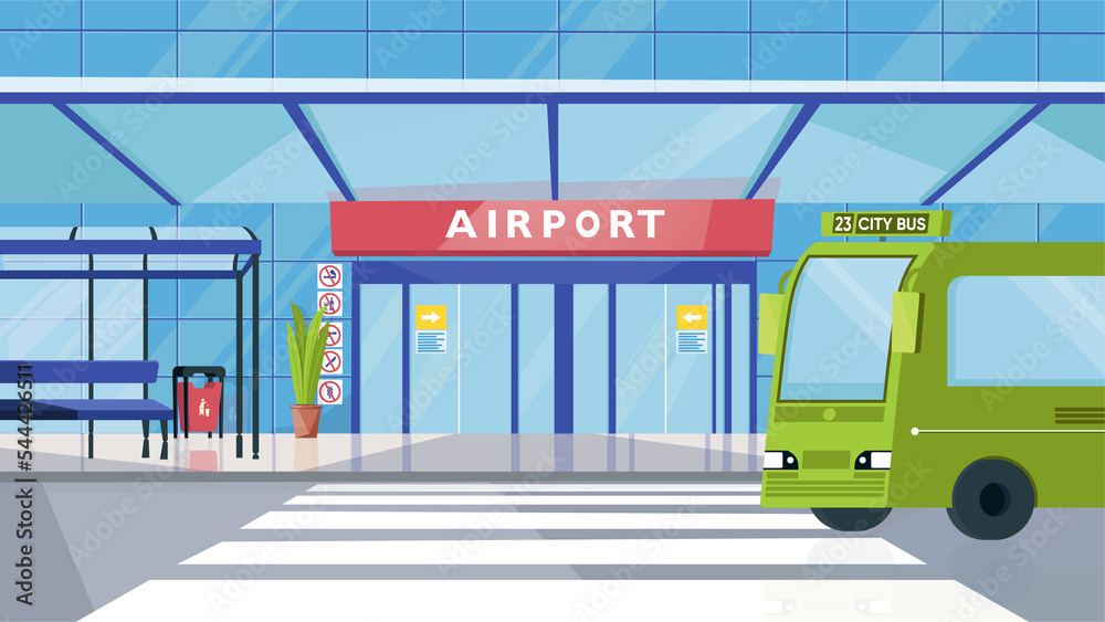 Airport entrance and bus station concept in flat cartoon design. Facade ...
