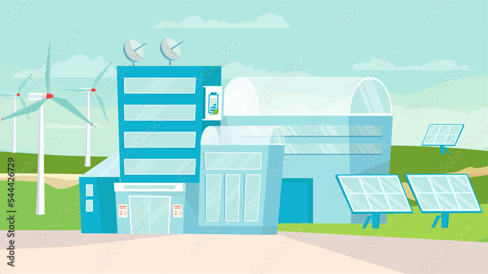 Eco friendly factory exterior concept in flat cartoon design. Plant ...