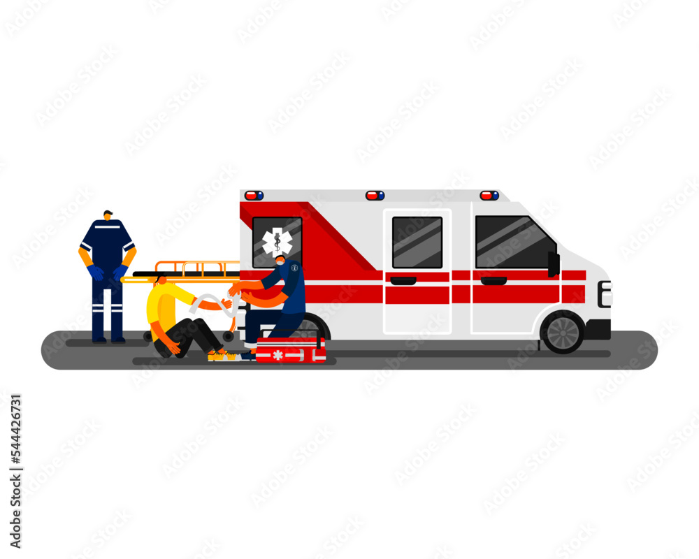 Cartoon characters of pre-hospital trauma care, first aid at scene by ...