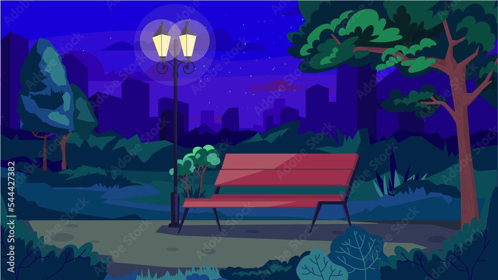Summer night city park concept in flat cartoon design. Public ...