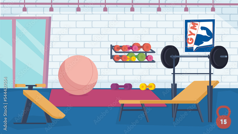 Gym interior with equipment concept in flat cartoon design. Training ...