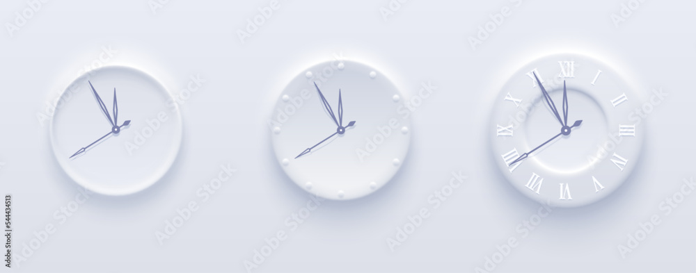 Neumorphic clocks on light background. Three clock faces. Stock Vector ...