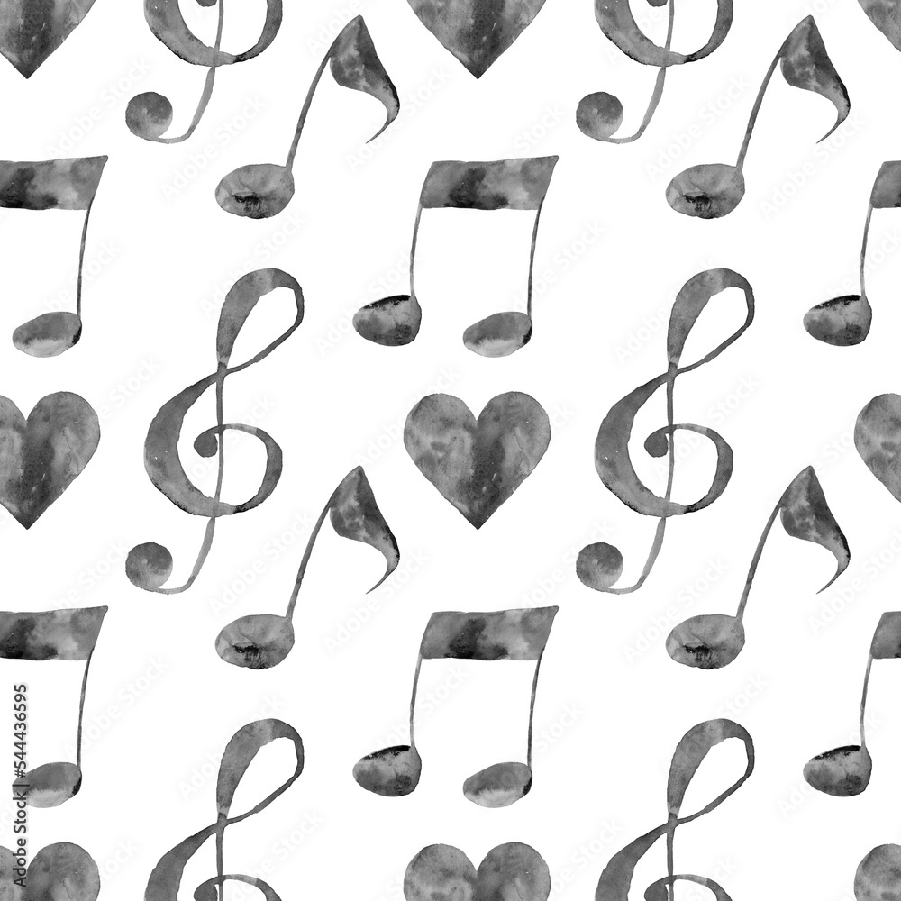 Watercolor isolated black ink music notes and keys pattern set on white ...