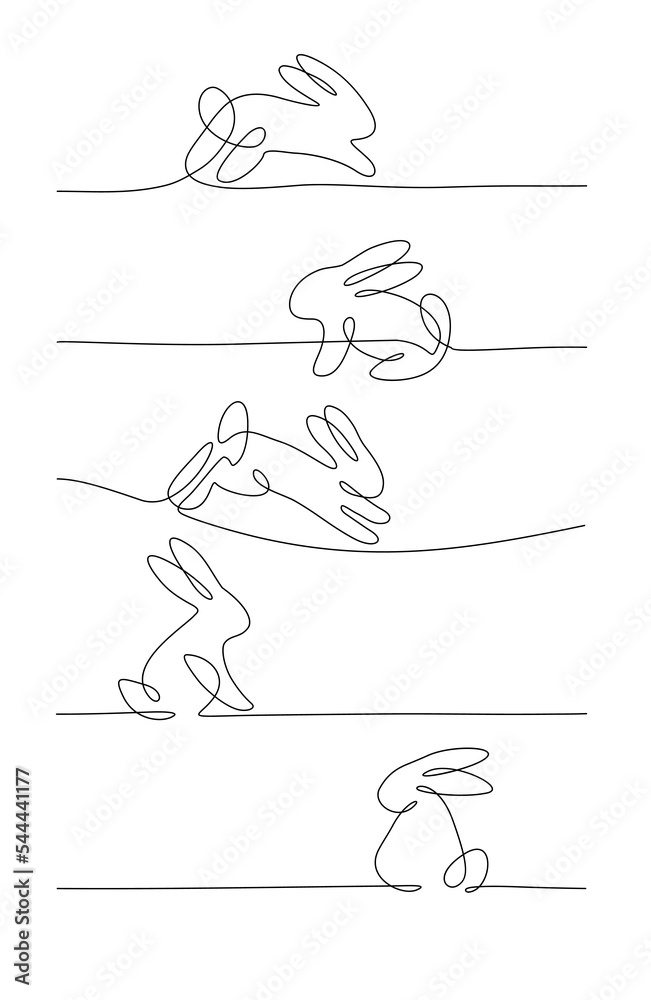 Set cute rabbits in cartoon style. Continuous line art drawing vector ...