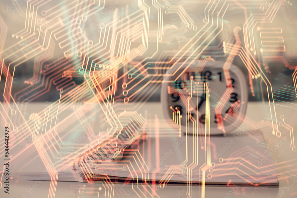 Double exposure of tech drawing and desk with open notebook background ...