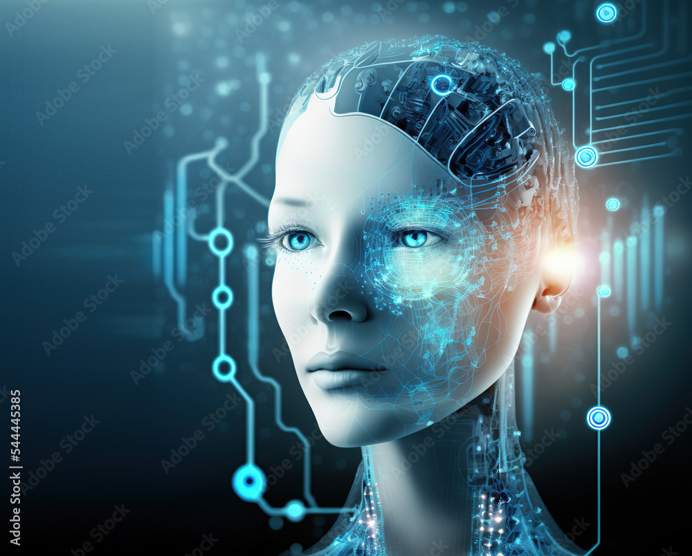 AI on the image of a cybernetic anthropomorphic woman working with ...