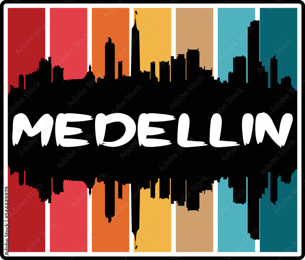 Medellin Colombia Skyline Sunset Travel Souvenir Sticker Logo Badge Stamp Emblem Coat of Arms ...