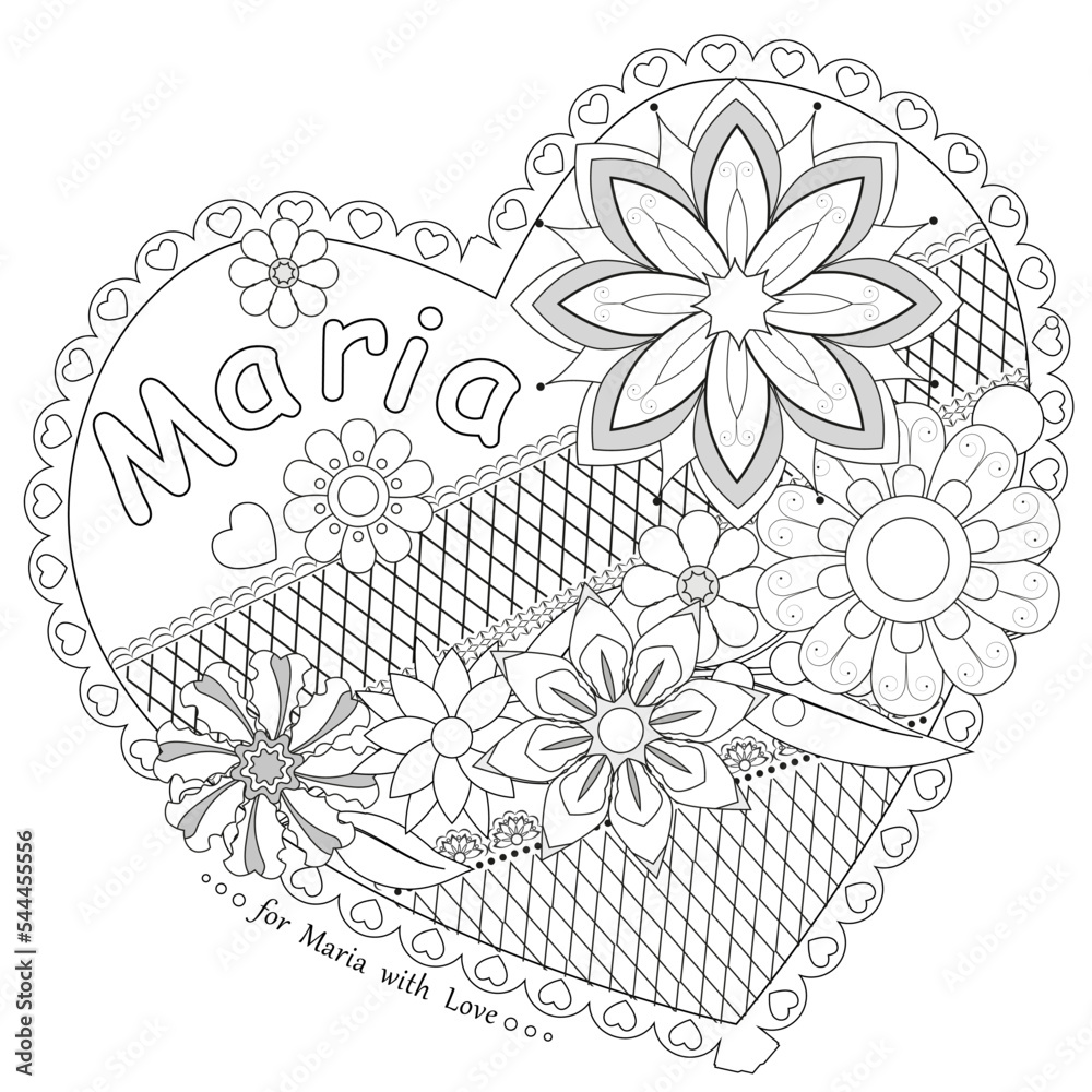 Black and white flower decoration with name Maria, heart frame ...