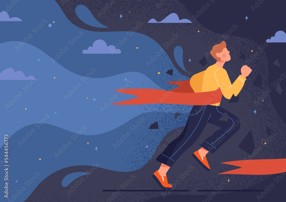 Overcoming obstacles concept. Man runs and breaks red ribbon. Success ...