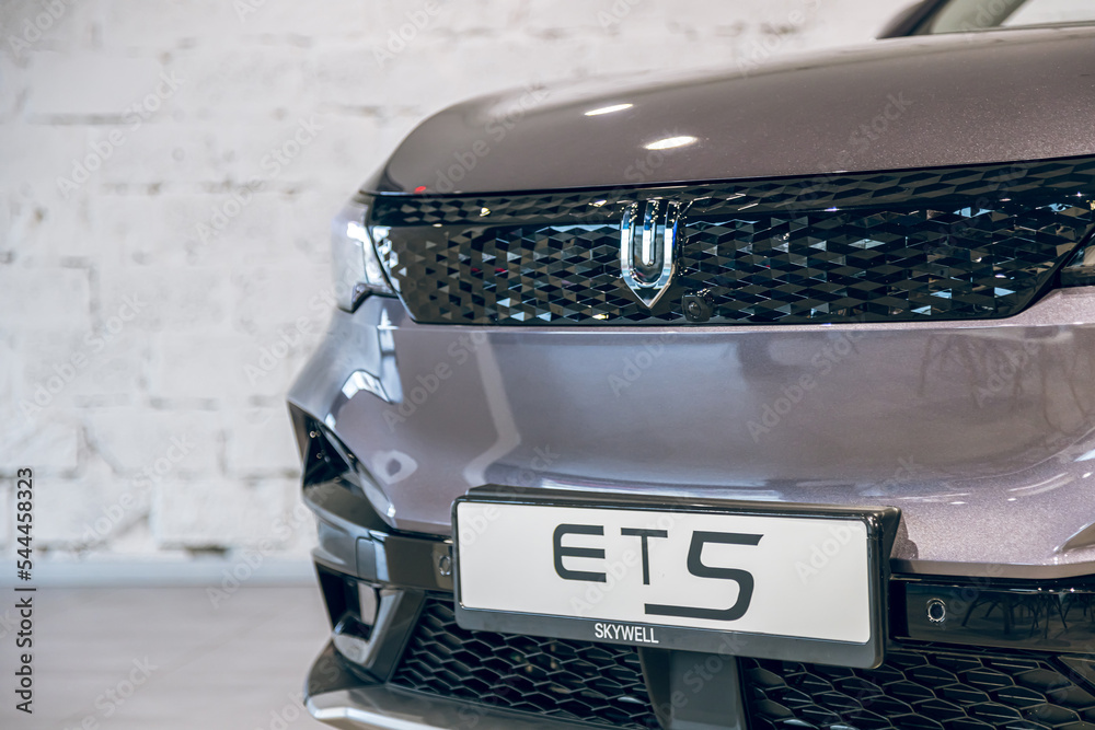 Moscow, Russia - October 31, 2022: close-up of the front part of the new Chinese electric car ...