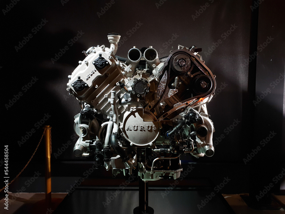 Moscow, Russia - April 4, 2022: V8 4.4 engine of Russian premium car ...