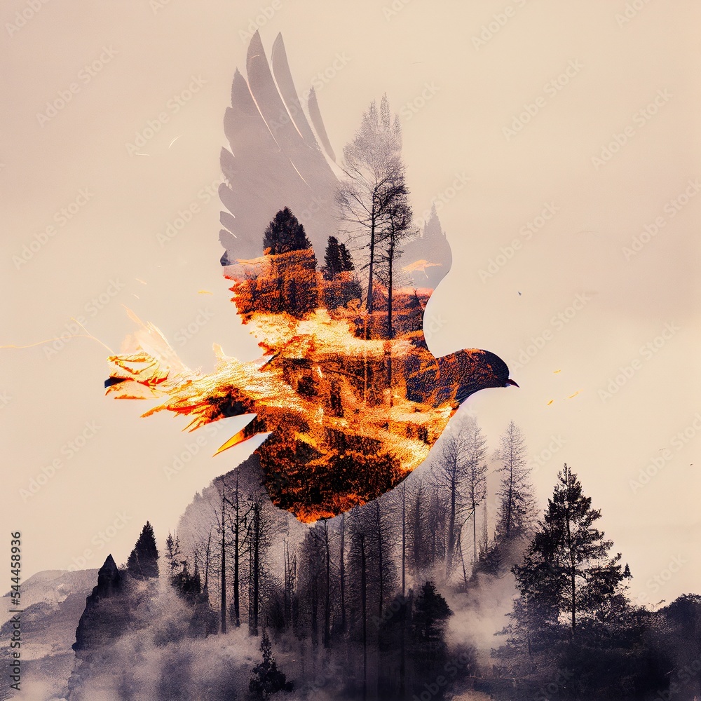 Bird double exposure with forest fire, climate change, global warming ...