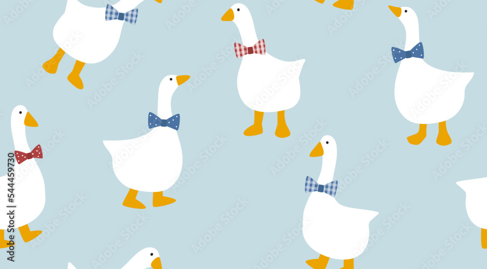 Hand drawn cute pattern with cartoon goose with red and blue bows ...