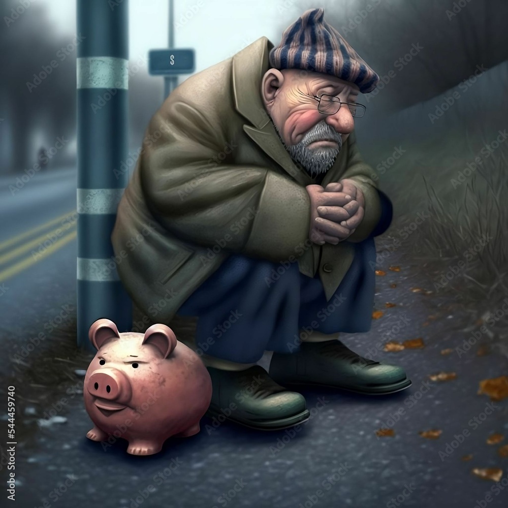 Homeless Man Sitting Next to a Piggy | Insufficient Savings Poor ...