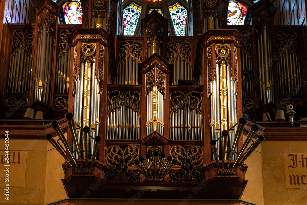 Pipe Organ in the loft of a Gothic Catholic Cathedral Stock Photo ...