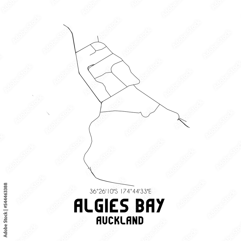 Algies Bay, Auckland, New Zealand. Minimalistic road map with black and ...