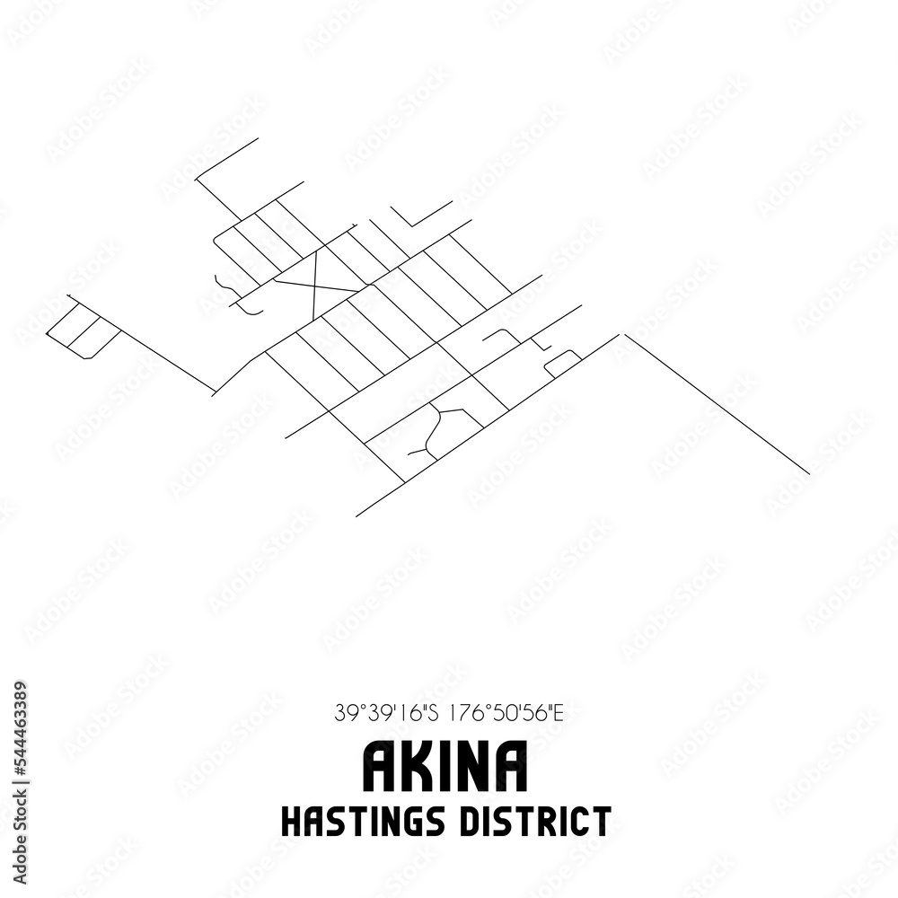Akina, Hastings District, New Zealand. Minimalistic road map with black ...