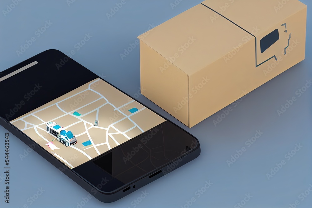 Delivery van and smartphone, worldwide map with location pin. Truck and ...