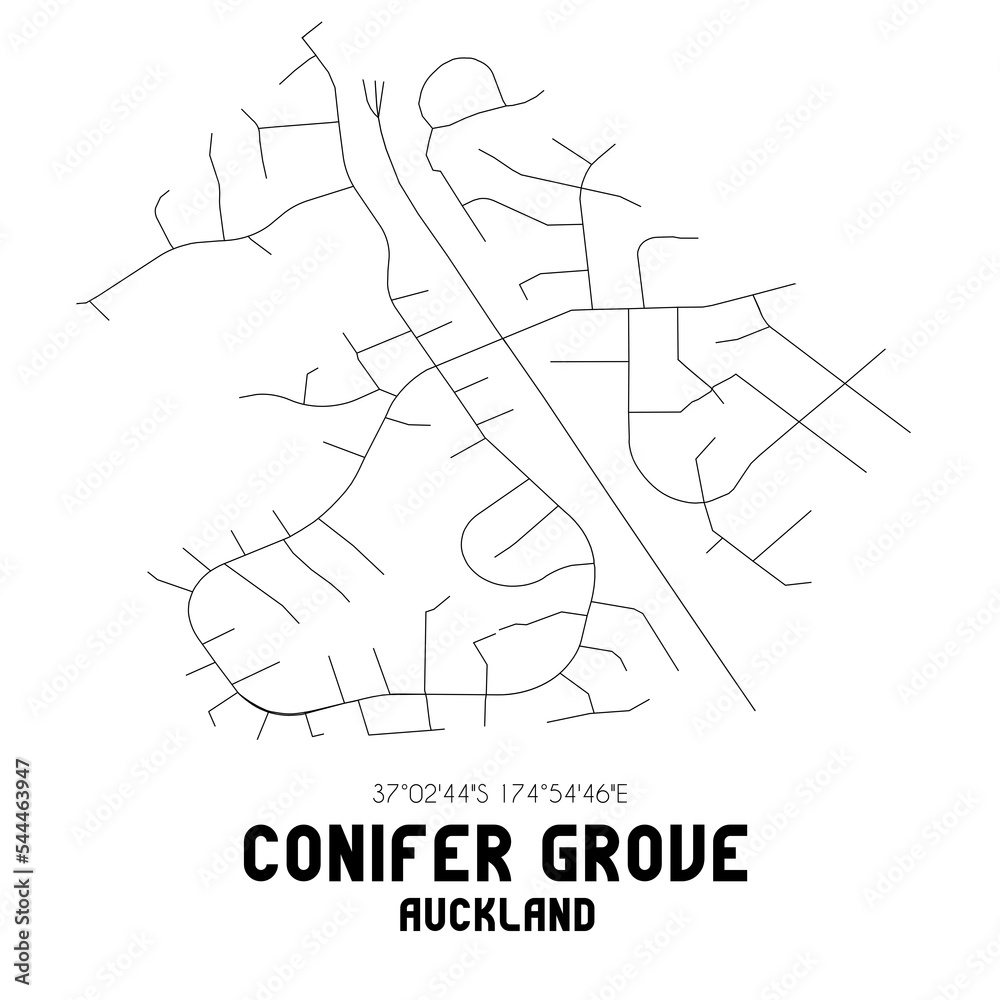 Conifer Grove, Auckland, New Zealand. Minimalistic road map with black ...