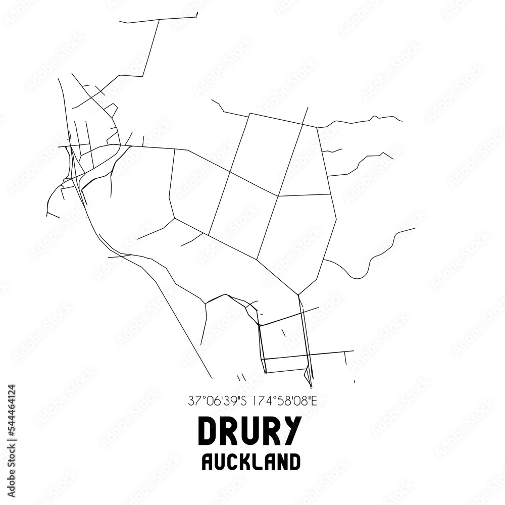 Drury, Auckland, New Zealand. Minimalistic road map with black and ...